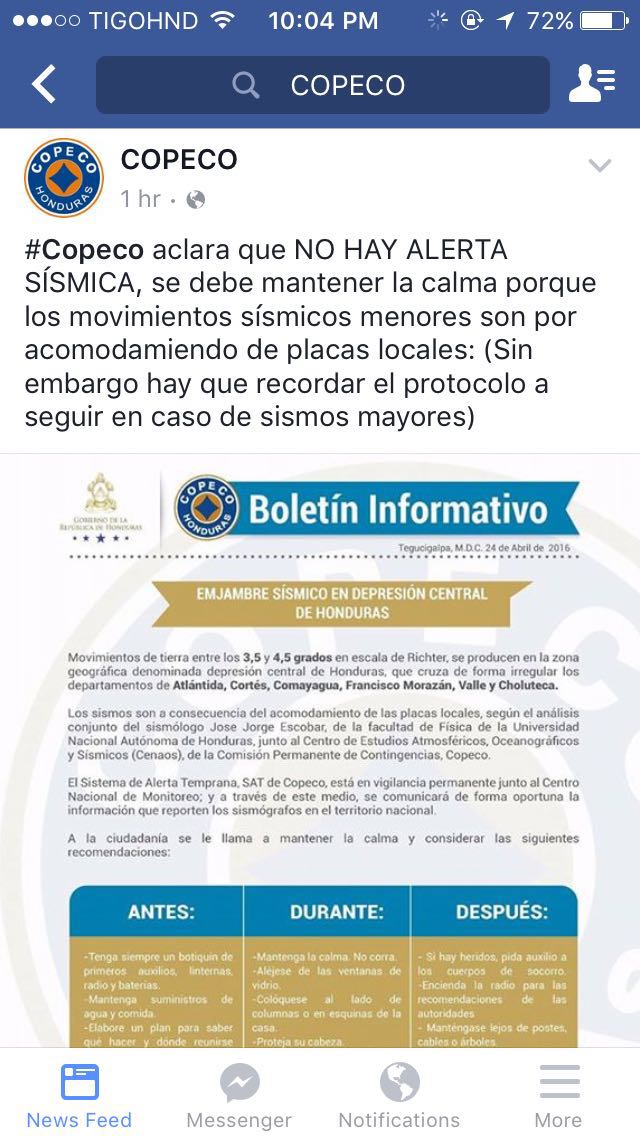 Copeco: ¡No hay alerta sísmica sobre el centro de Honduras! - RadioHouse